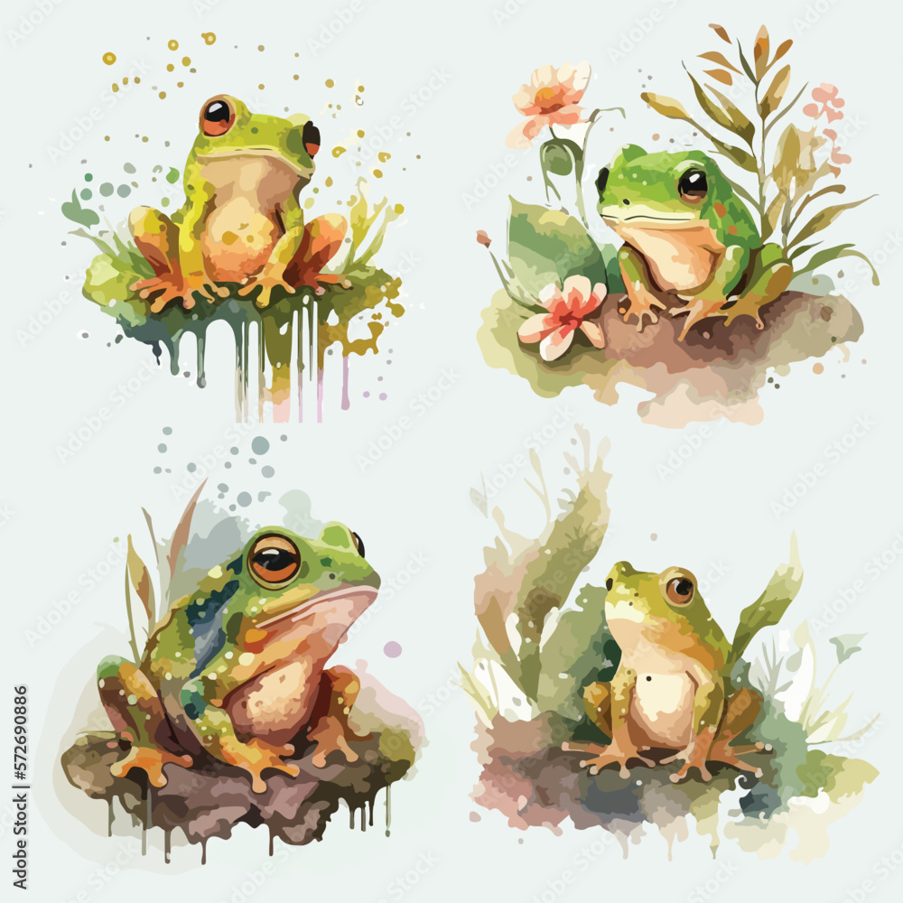 cute doodle frog with watercolor vector illustration set Stock Vector ...