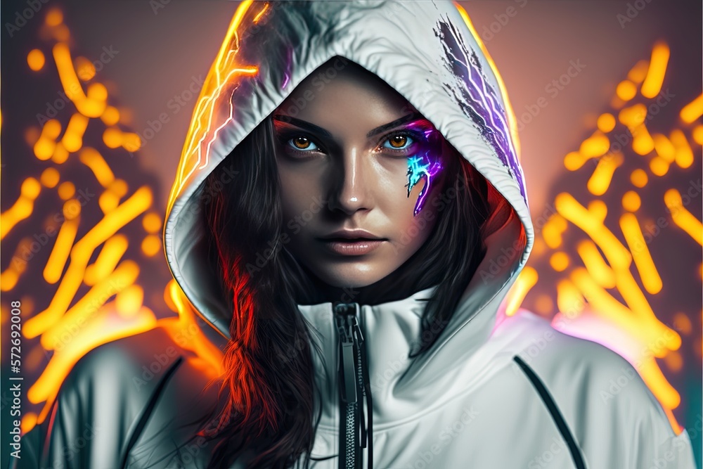 A girl in a white hood on the background of a futuristic neon city. Non ...