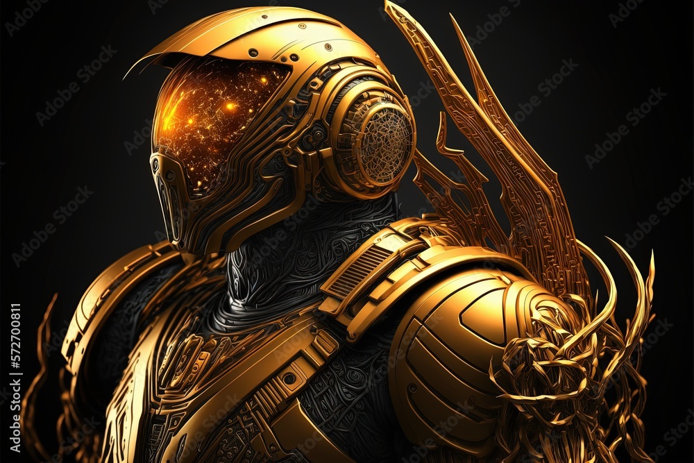Elite space soldier in futuristic armor. Seting sci-fi, gold-plated ...
