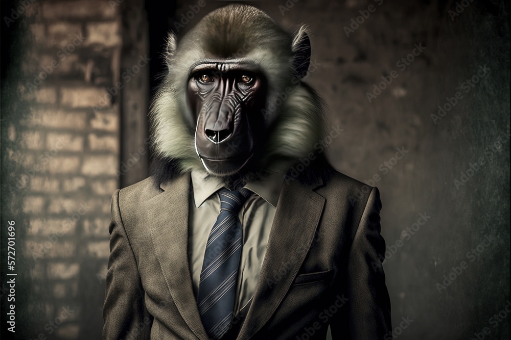 Baboon monkey in a formal suit on a gray background. Animals, serious ...