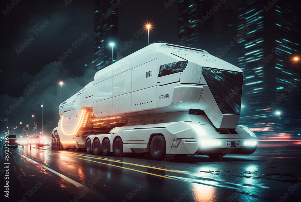 abstract futuristic big truck on road, fictional vehicle and location ...