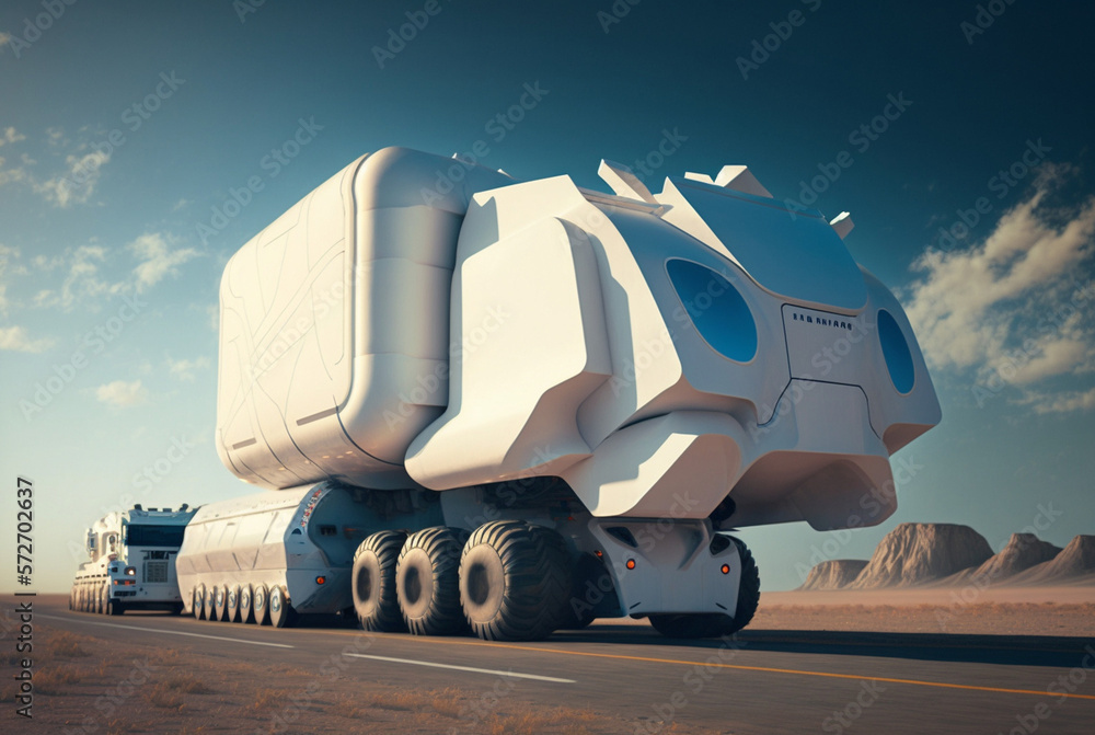 abstract futuristic big truck on road, fictional vehicle and location ...