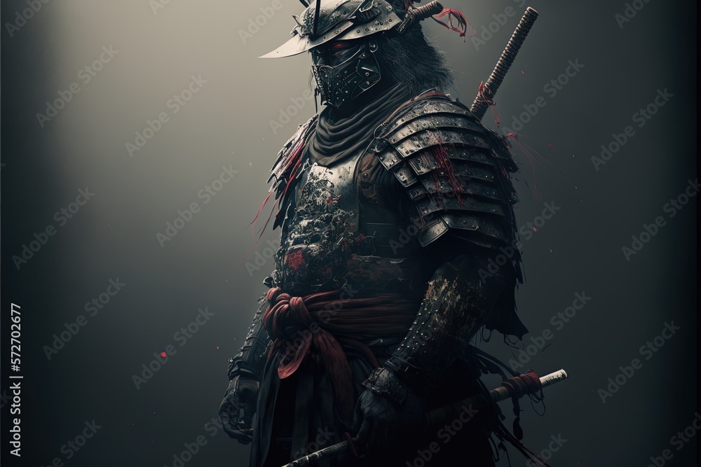 Samurai in a closed mask on a black background. Swordsmen Middle Ages ...