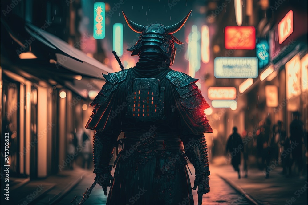 Asian warrior with sword in a closed mask on a ancient neon city ...