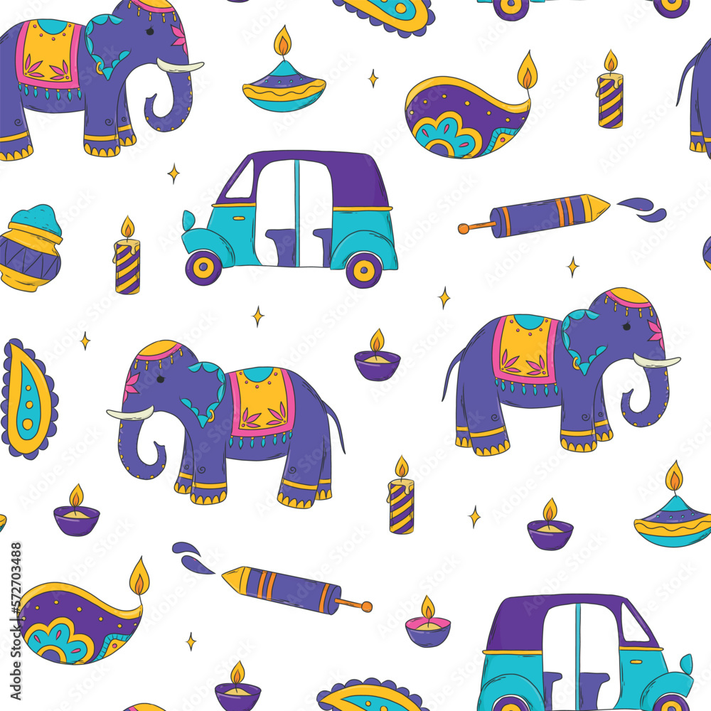 seamless pattern with indian doodles for holi and diwali prints, cards ...
