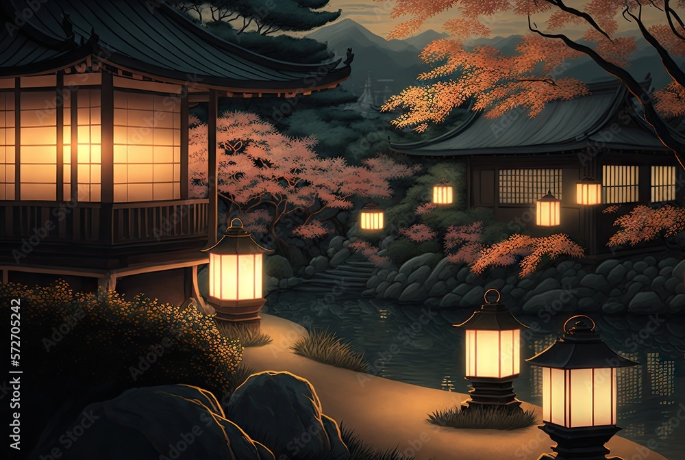 Japanese Night Garden, Evening Lanterns in Japan Garden Tradition ...