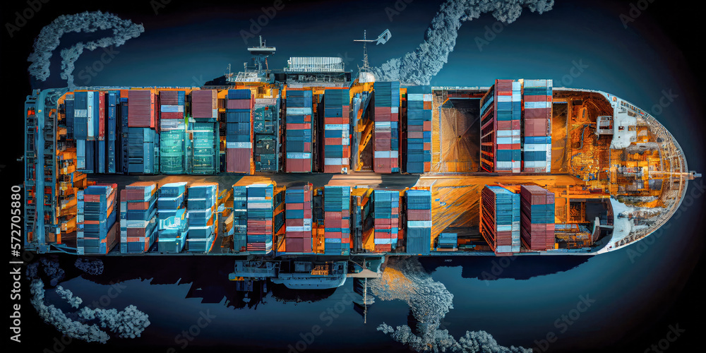 container ship with world map digital network, shipping import export ...