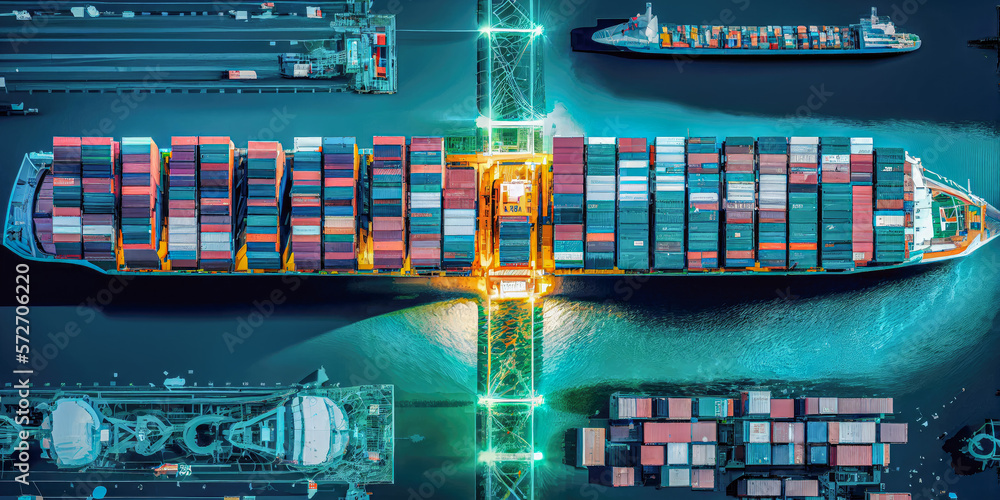 container ship with world map digital network, shipping import export ...