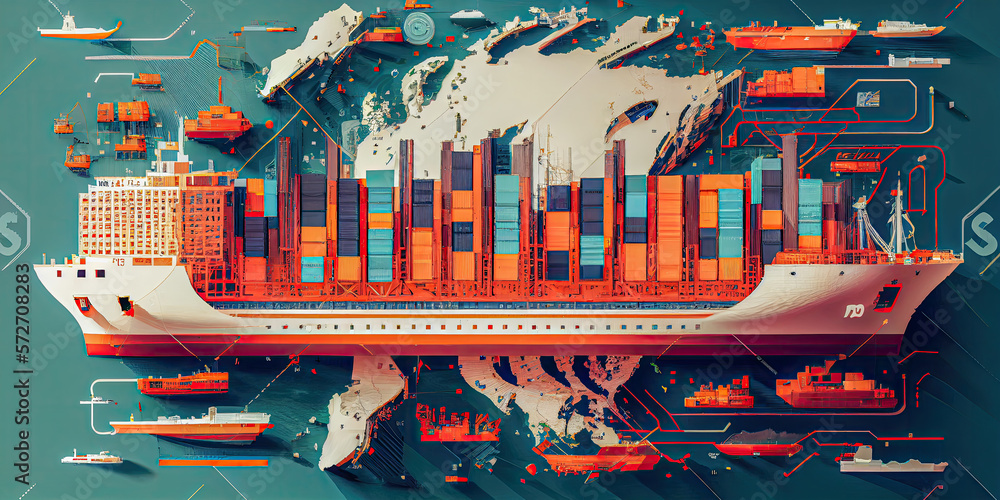 container ship with world map digital network, shipping import export ...