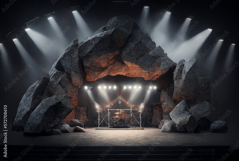 ภาพประกอบสต็อก rock concert stage, concert stage in a cave, spotlights ...
