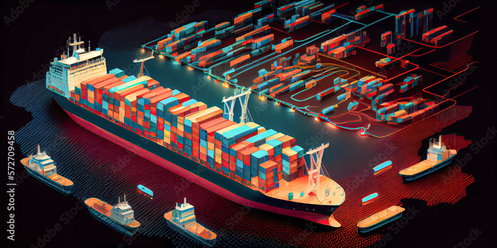 container ship with world map digital network, shipping import export ...