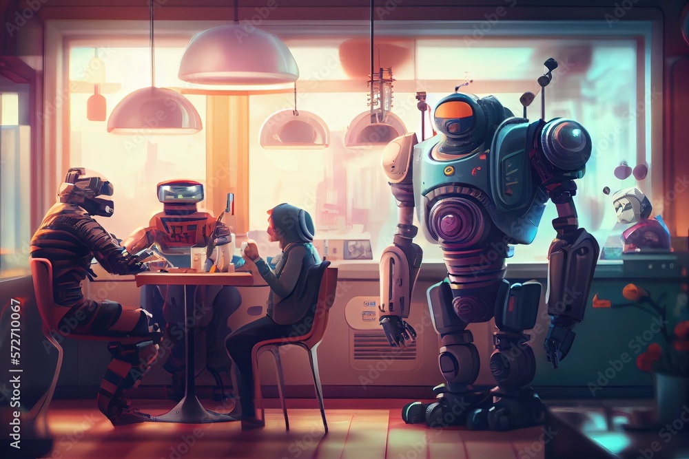 Generative AI illustration of a futuristic robot cafe with a wide range ...
