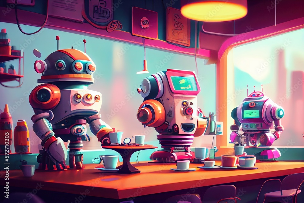 Ilustrace „Generative AI illustration of a futuristic robot cafe with a ...