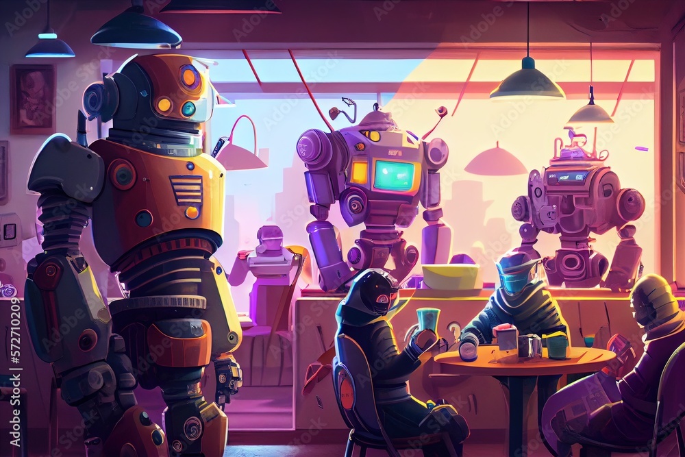 Generative AI illustration of a futuristic robot cafe with a wide range ...