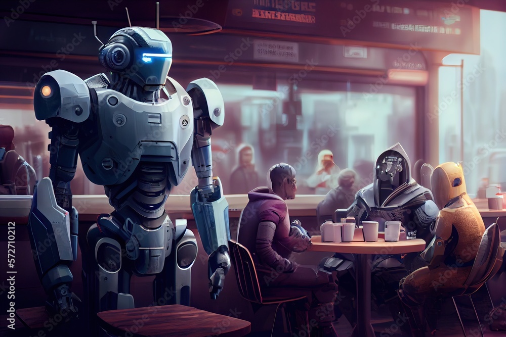 Generative AI illustration of a futuristic robot cafe with a wide range ...