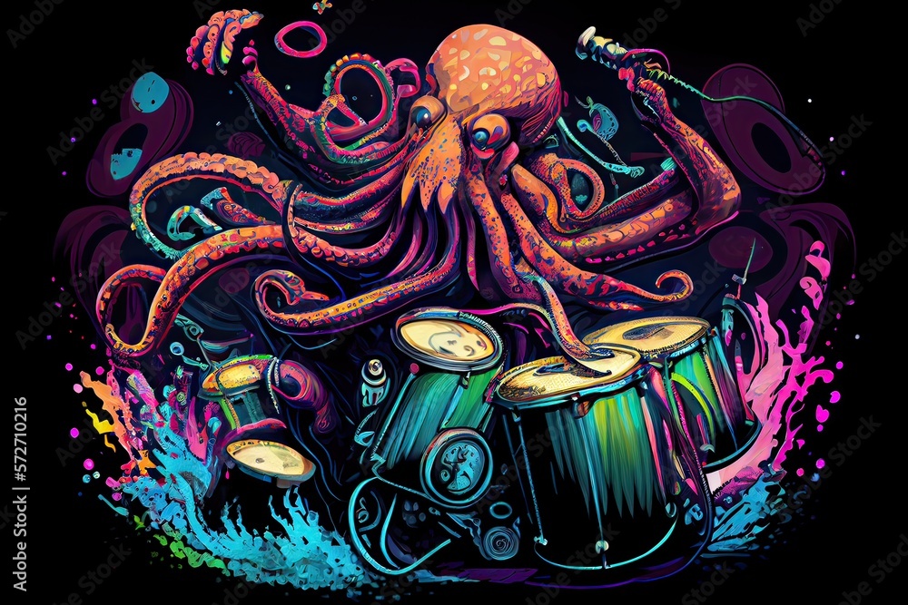 Generative AI illustration of a giant octopus playing the drums in a ...