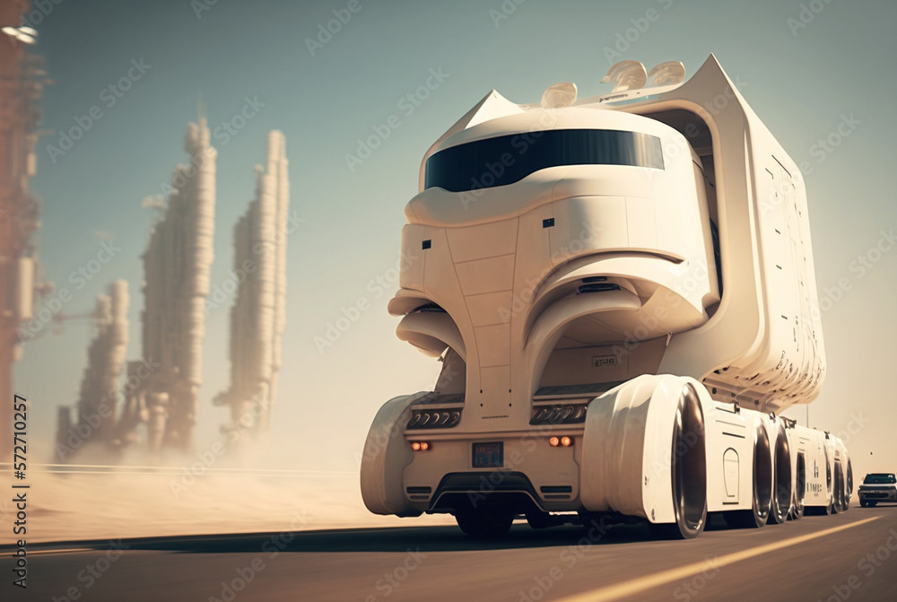 abstract futuristic big truck on road, fictional vehicle and location ...