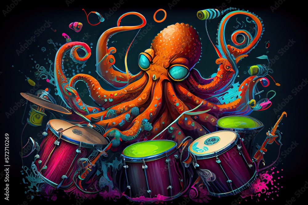 Generative AI illustration of a giant octopus playing the drums in a ...
