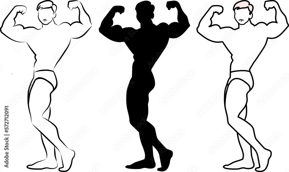 bodybuilder pose. stock illustration. Black silhouette. Black outline ...