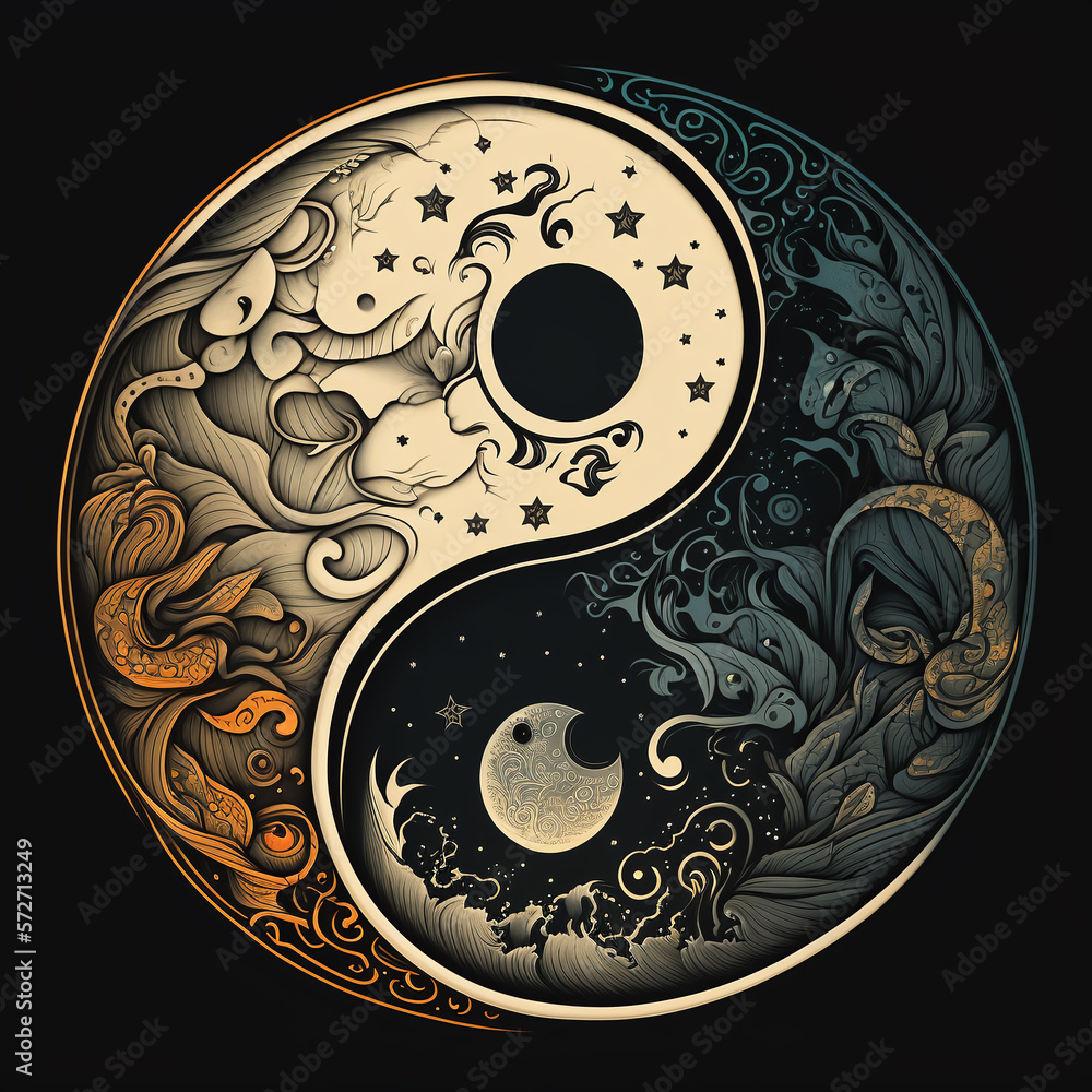 yin yang symbol with graphical elements representing night and day on a ...