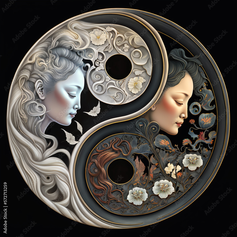 yin yang symbol with two faces on a black background. illustration made ...