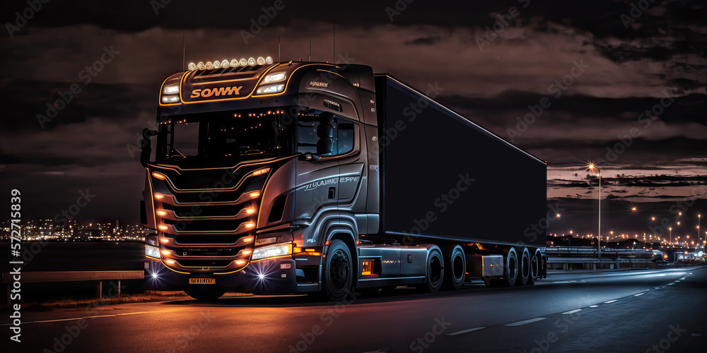 Truck driving on a night road, Truck seen from side, ultrawide angle ...