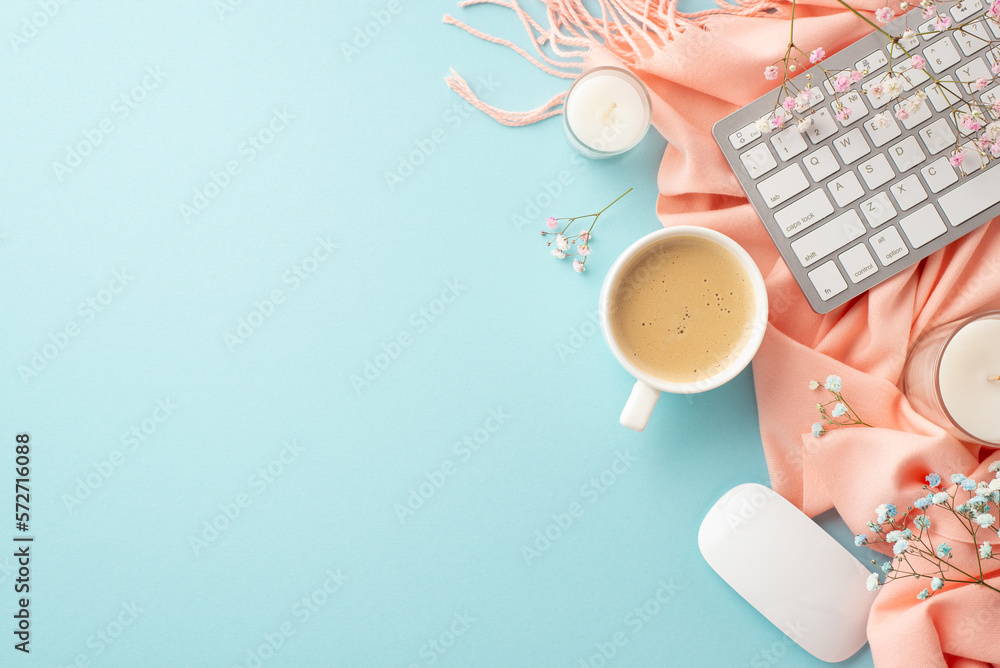 Hello spring concept. Top view photo of keyboard computer mouse cup of ...