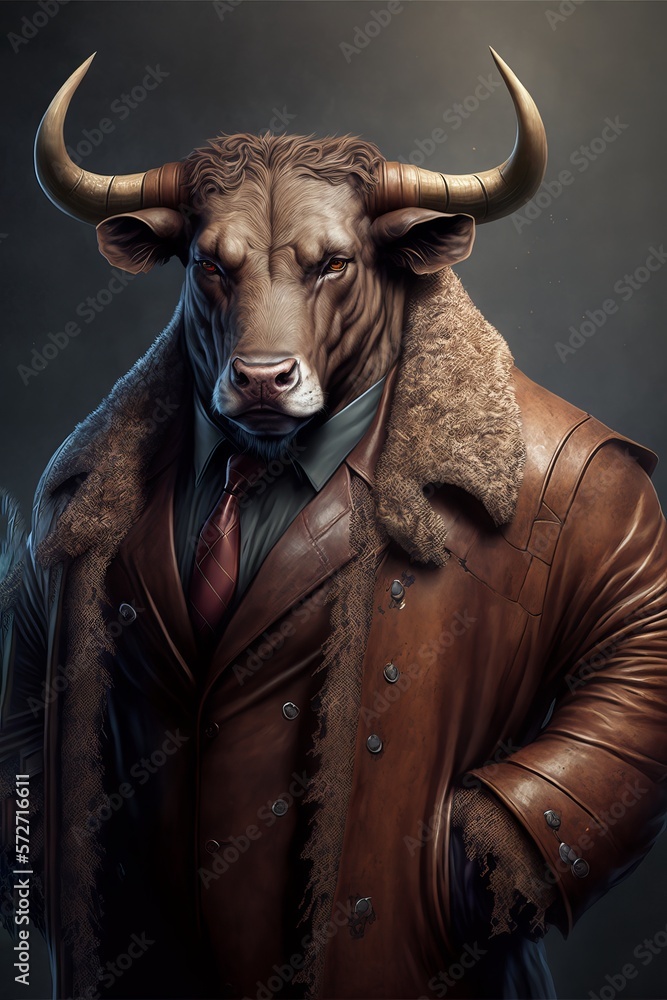 Bull with stocky male body, brown leather jacket over a leather jacket ...