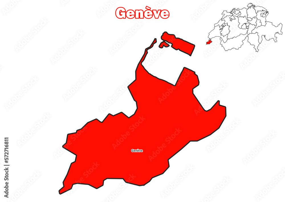 Karte des Kanton Genève mit Bezirksnamen und Standort auf der Karte der ...