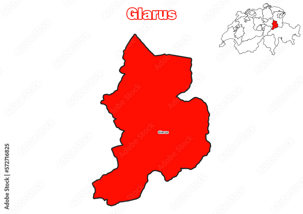 Karte des Kanton Glarus mit Bezirksnamen und Standort auf der Karte der ...