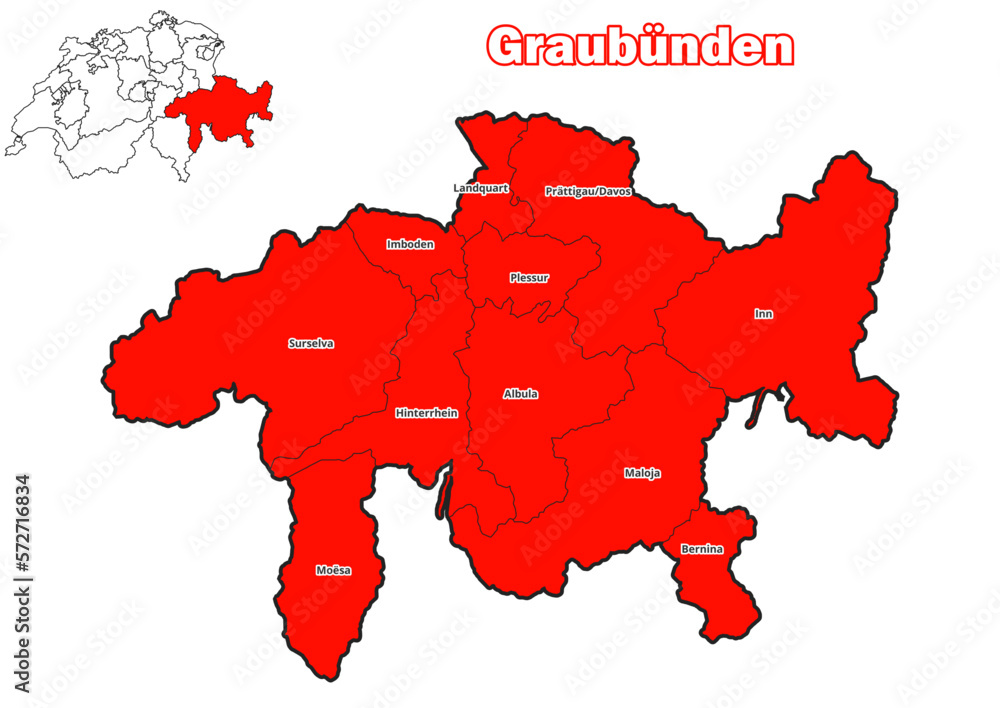 Karte des Kanton Graubünden mit Bezirksnamen und Standort auf der Karte ...