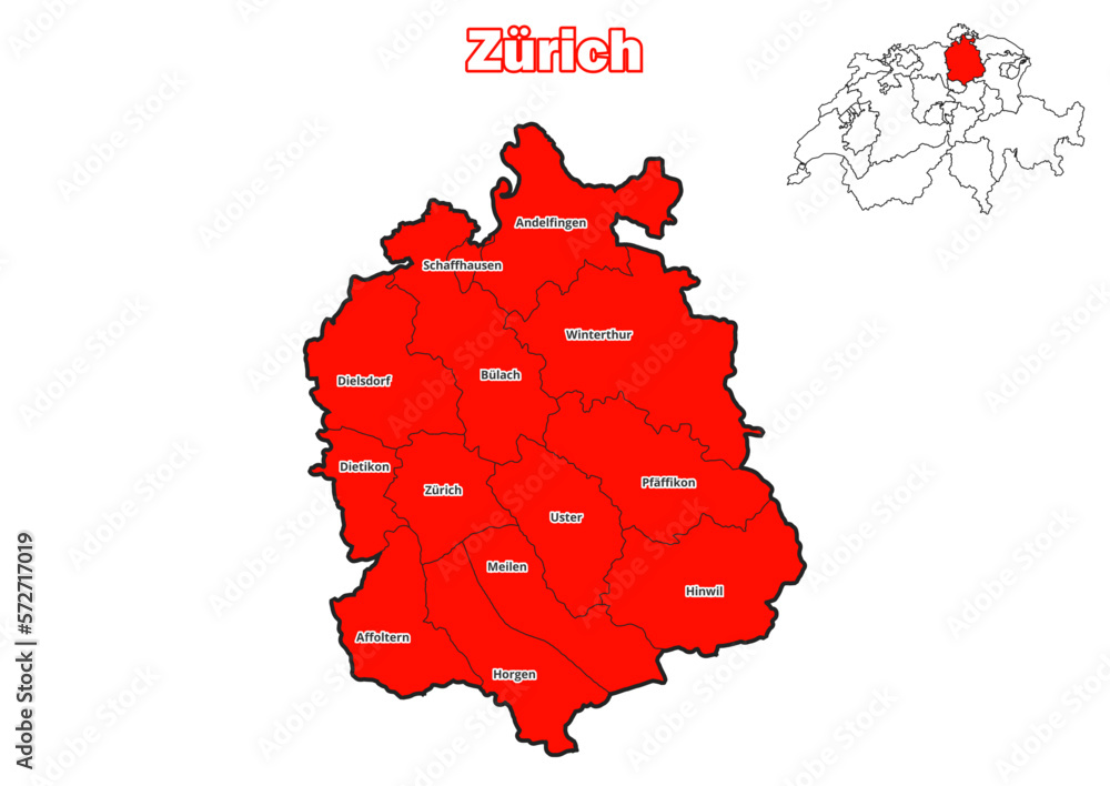 Karte des Kanton Zürich mit Bezirksnamen und Standort auf der Karte der ...