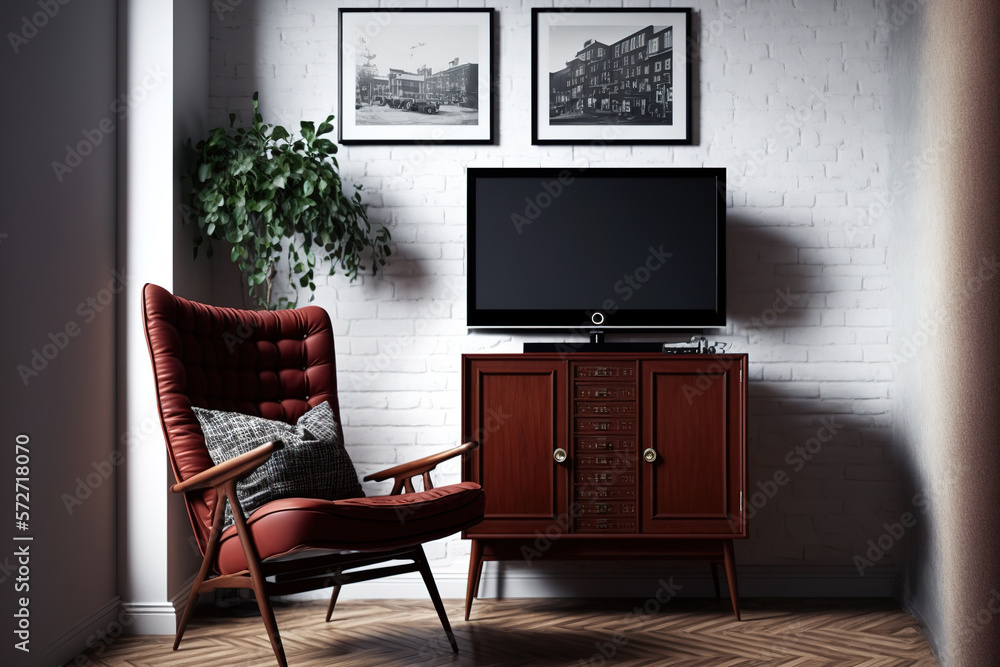 Rocking chair, poster, and frame in the room, a television set on the ...
