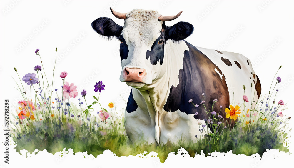 Watercolor painting of peaceful dairy cow in a colorful flower field ...