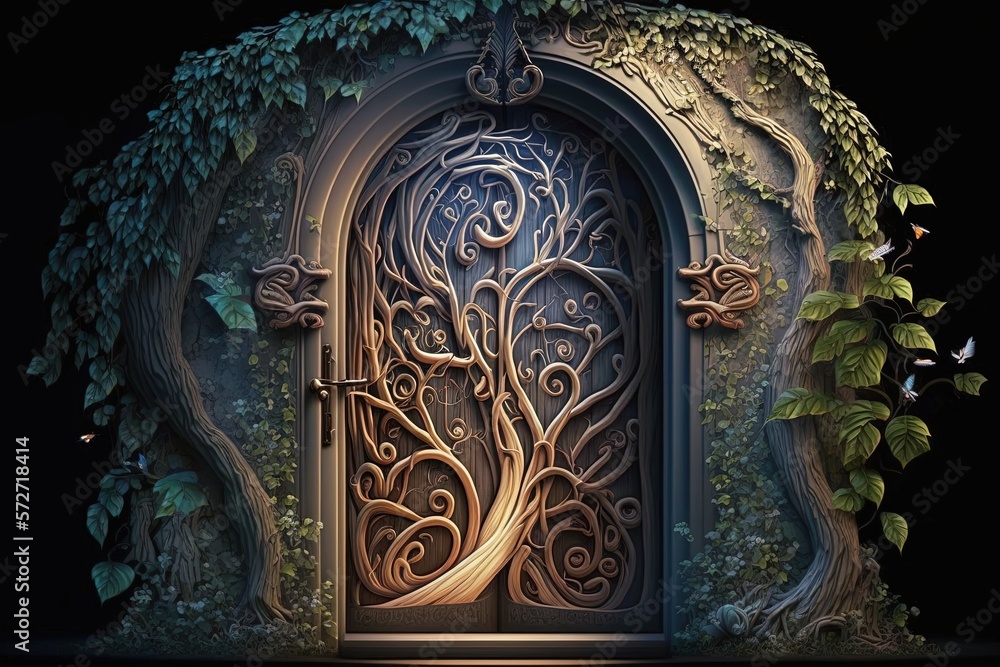 Magic door, door to fantasy dimension, branch and leaf door, digital ...