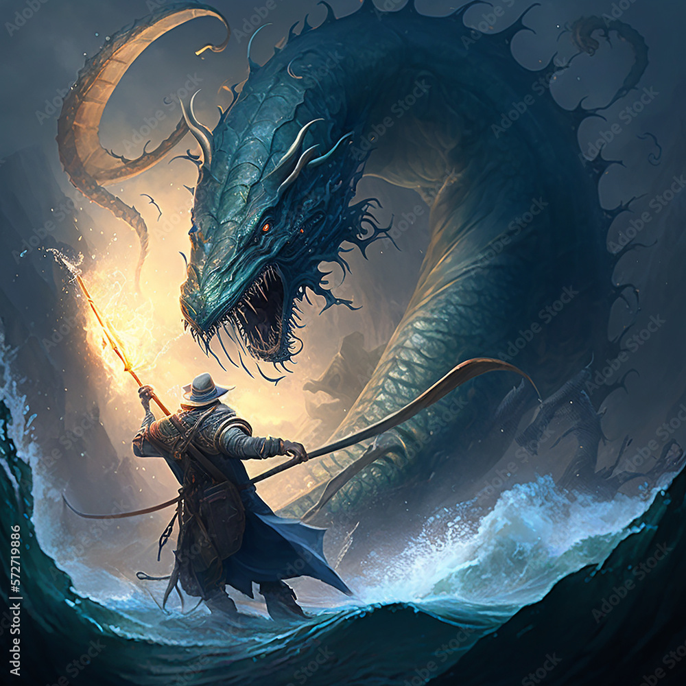 An ancient mage battling a sea monster. Created using ai generative ...