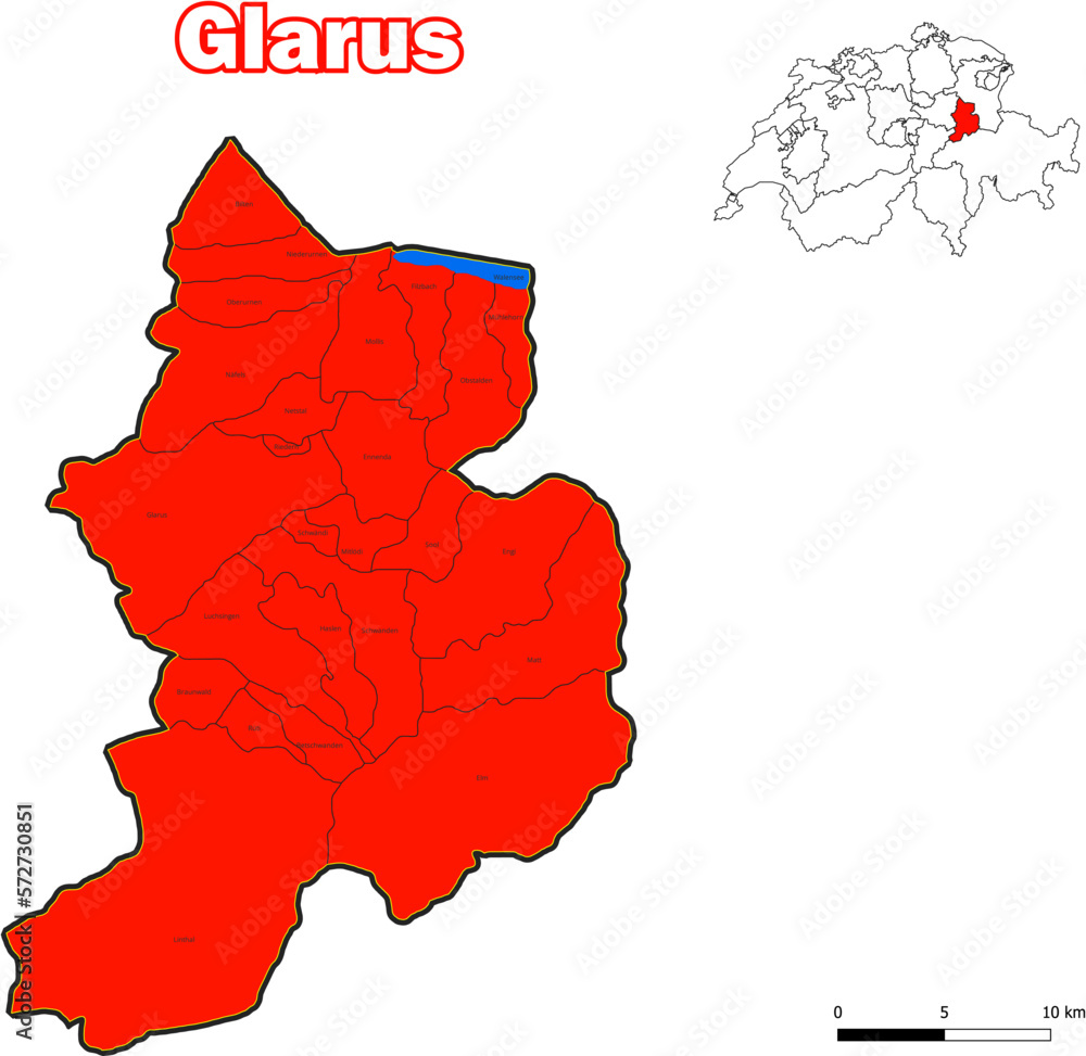 Vektor Karte Schweiz Administrative Gliederung Kanton Glarus mit name ...
