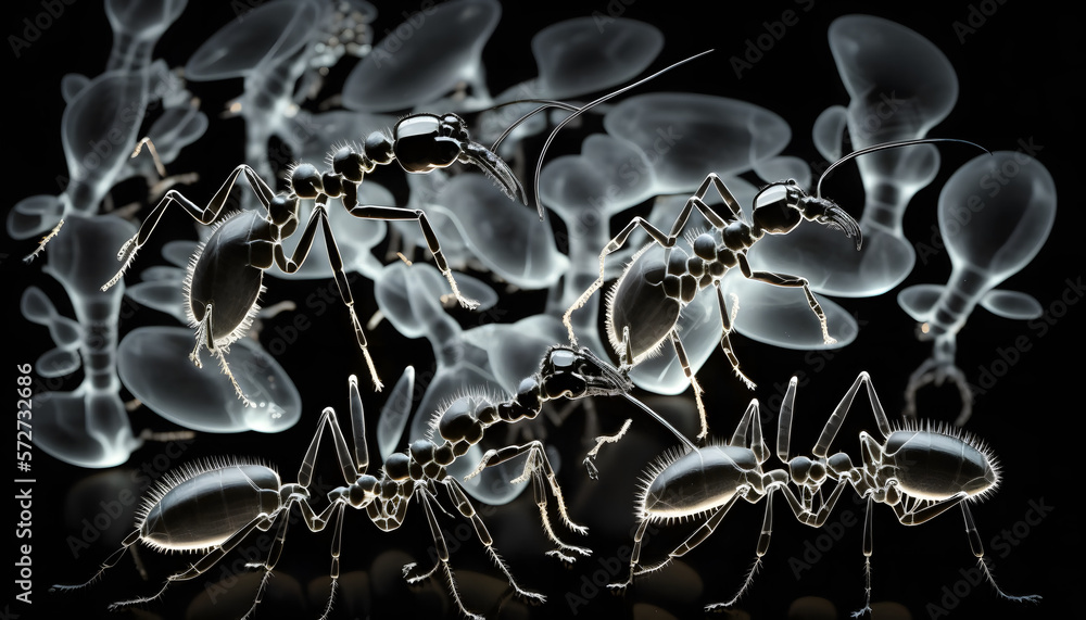 Translucent ants on solid black background created with generative AI ...