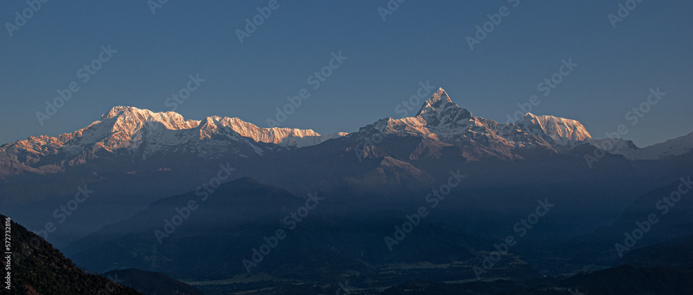 View of the Himalayan giants, Dhaulagiri mountain, Annapurna range and ...