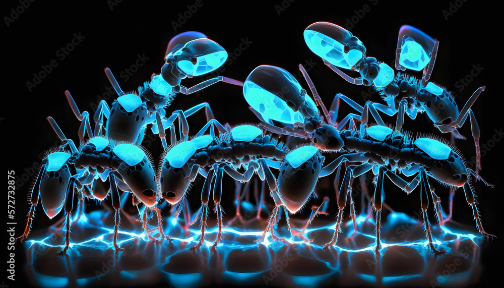 Translucent ants on solid black background created with generative AI ...