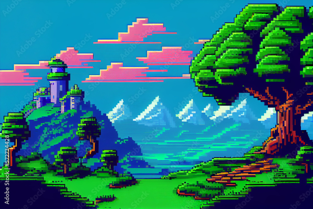 Video game background landscape with mountains and forests in 16 bit pixels. Retro video arcade ...