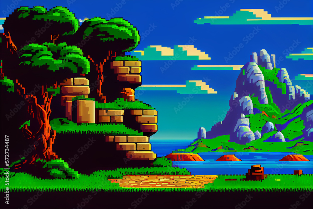 Video game background landscape with mountains and forests in 16 bit ...