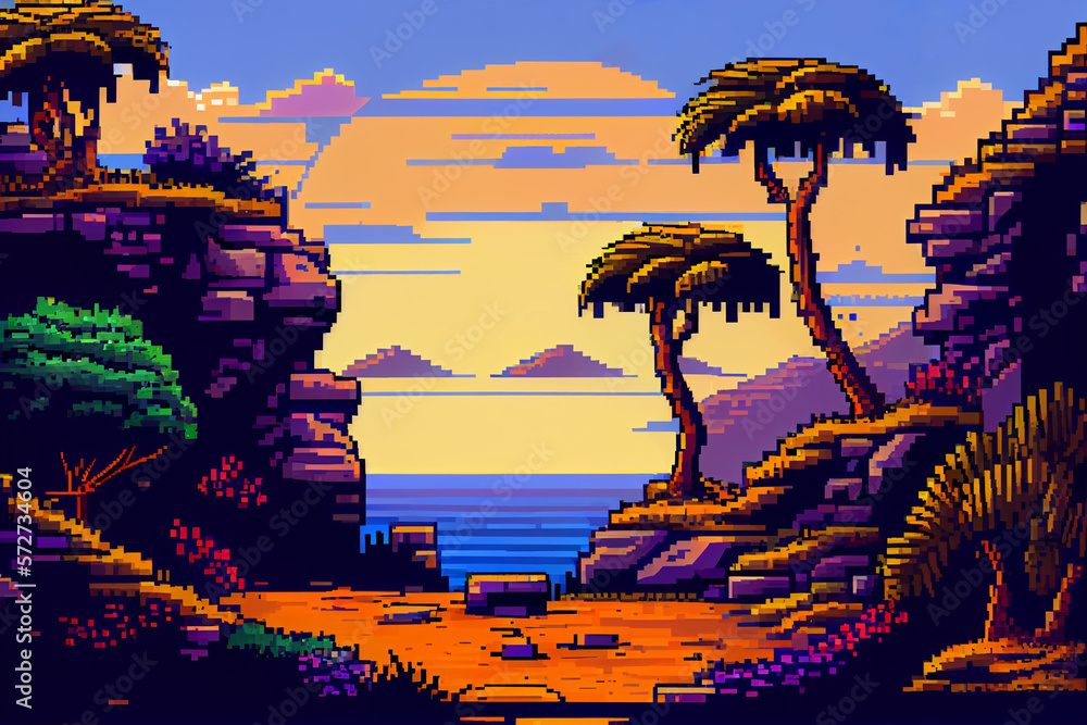 Video game background landscape with mountains and forests in 16 bit ...