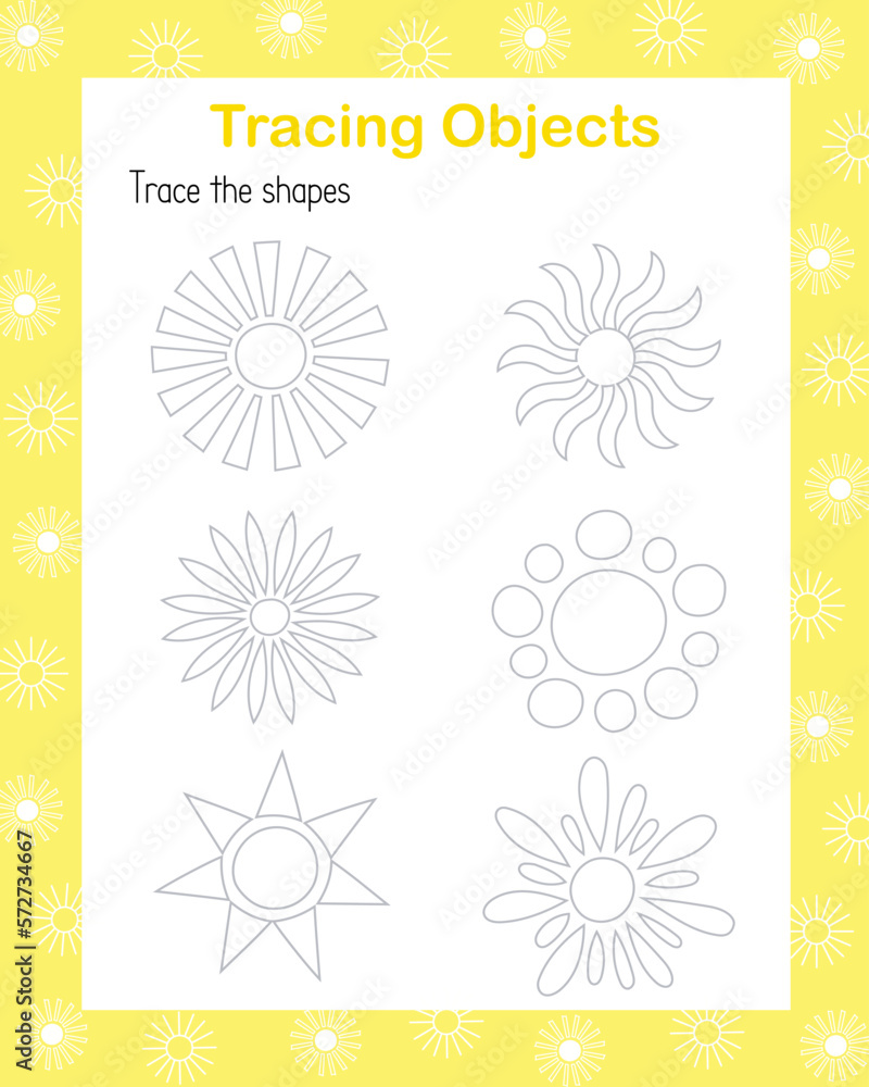 Tracing sun linear images handwriting practice vector illustration ...