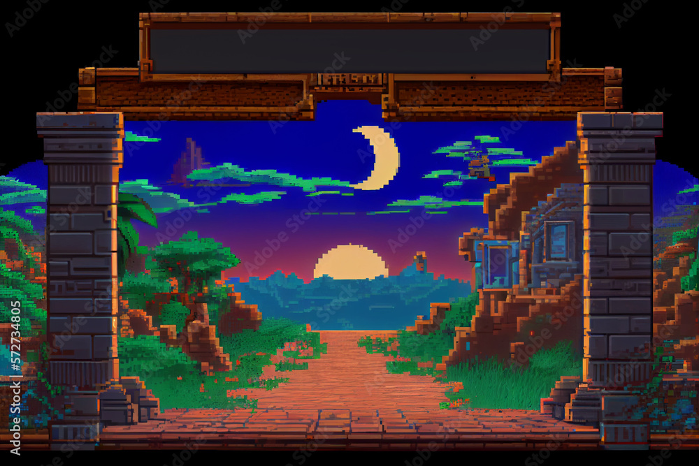 Video game background landscape with mountains and forests in 16 bit ...