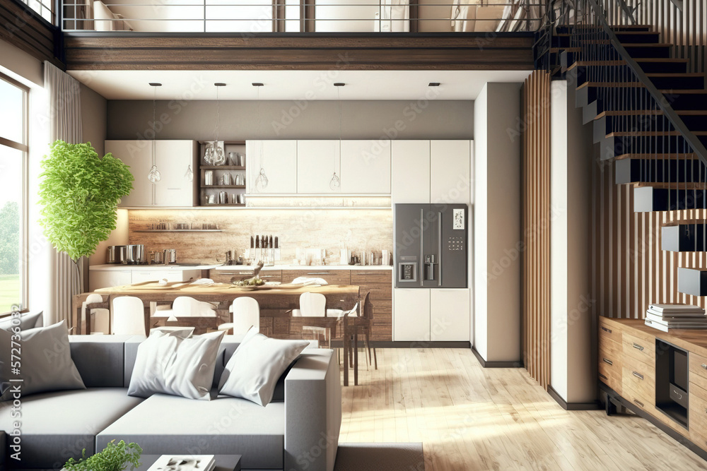 Modern open living area with a kitchen in a house. Duplex apartment ...