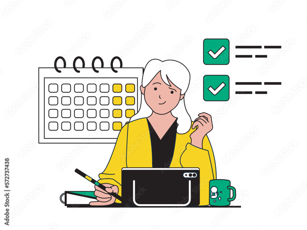 Productivity workplace concept with character situation. Woman plans tasks on calendar and ...