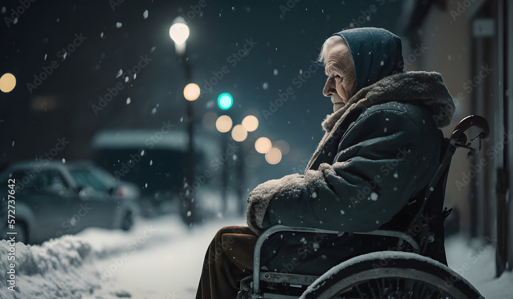Old senior man in wheelchair in front of winter road. Concept problem ...