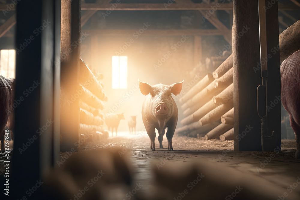 Pigs livestock farm with sunlight. Agriculture industry swine banner ...