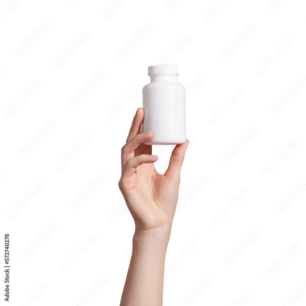 Young female hand holding blank white squeeze bottle plastic tube on ...